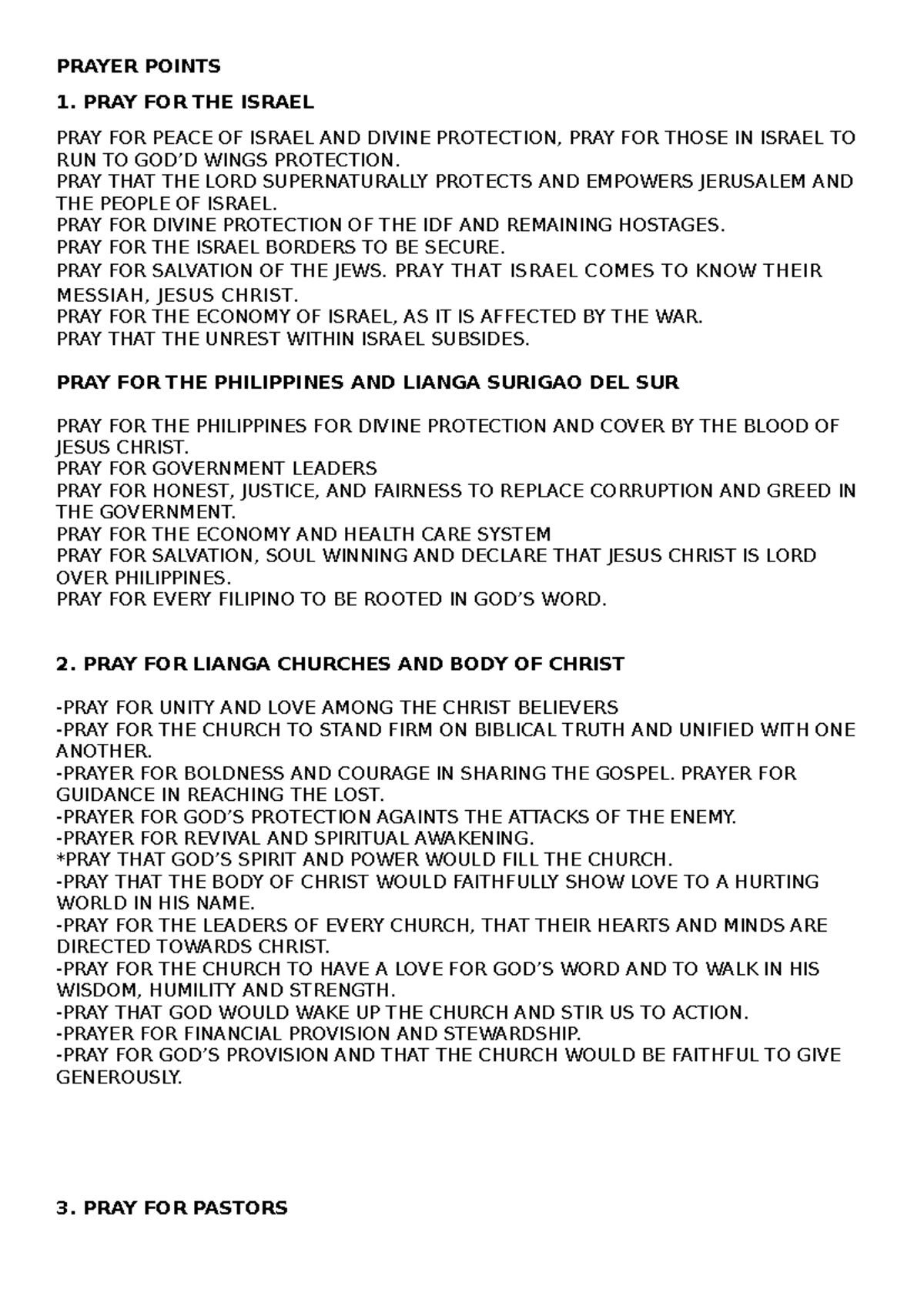 Dissa Prayer - 1111 - PRAYER POINTS 1. PRAY FOR THE ISRAEL PRAY FOR ...