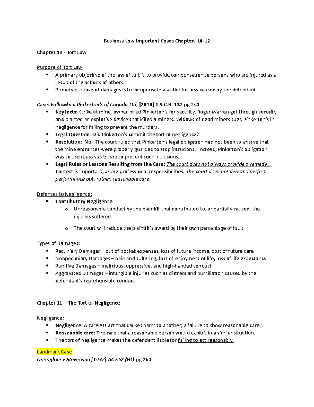 Business Law Important Cases and notes Chapters 10-12 - Business Law ...