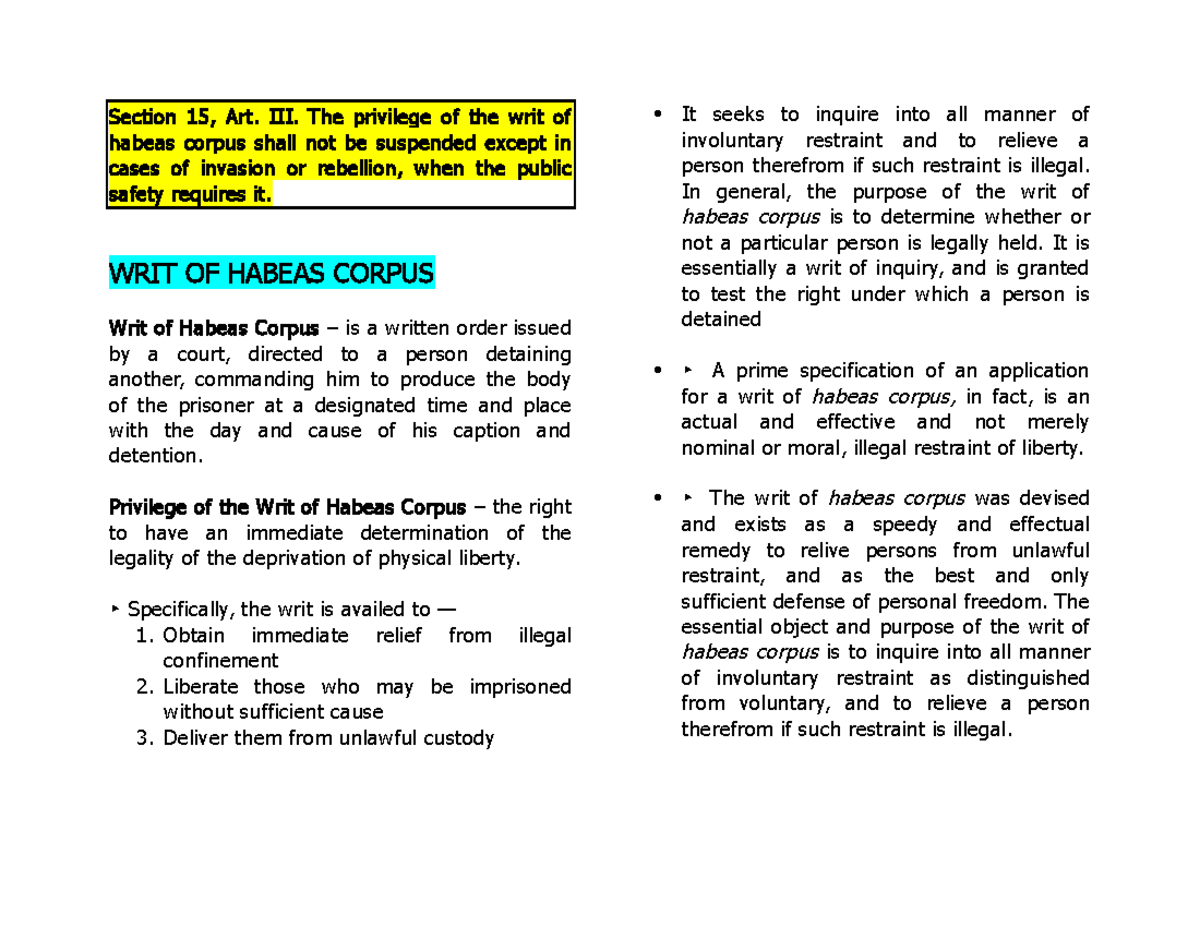 Section 15,16,17,18 Article III of the 1987 Constitution - Section 15 ...