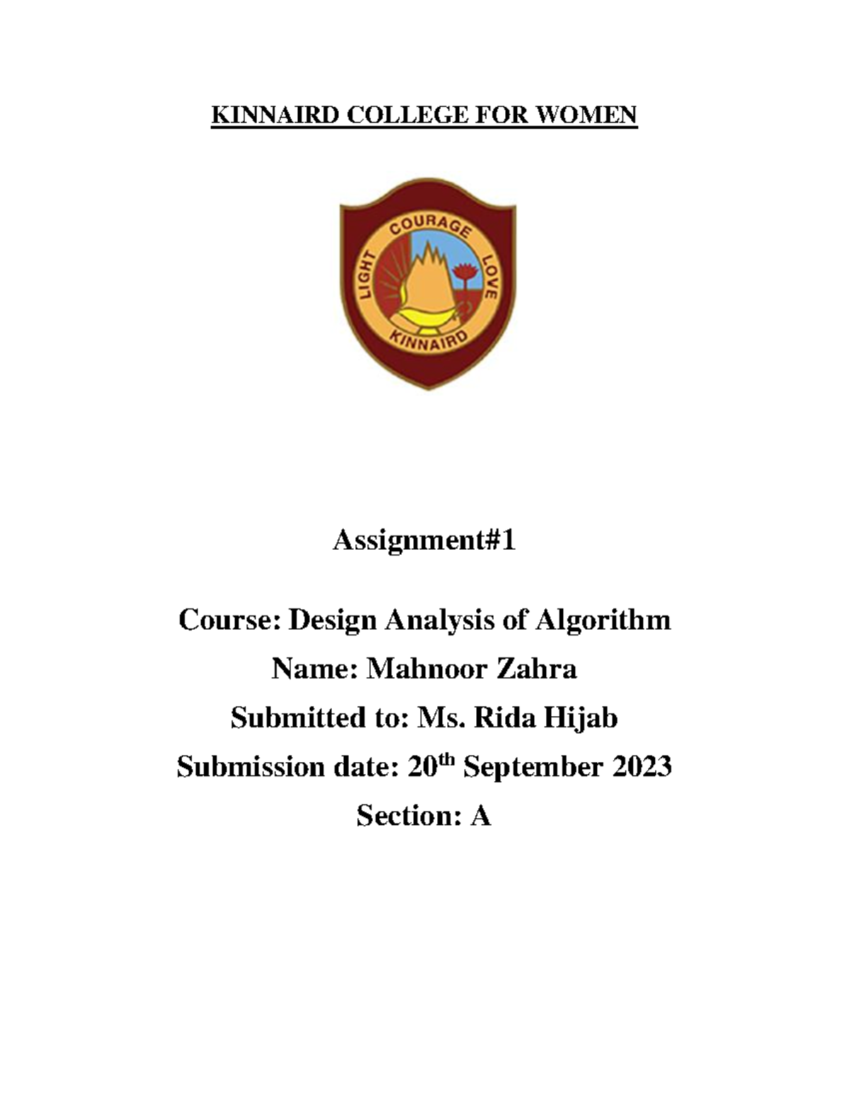 DAA Assignment - KINNAIRD COLLEGE FOR WOMEN Assignment# Course: Design Analysis of Algorithm ...