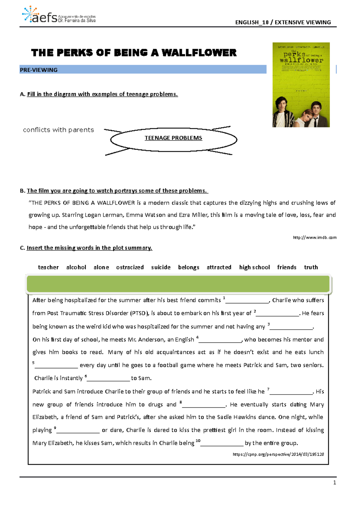 The Perks film worksheet - PRE-VIEWING A. Fill in the diagram with ...