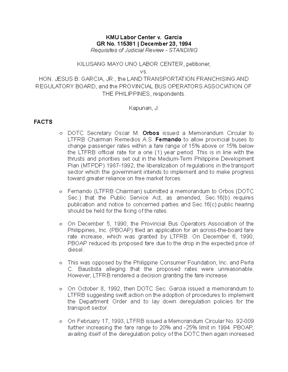 KMU Labor Center v. Garcia G.R. No. 115381 - KMU Labor Center v. Garcia GR No. 115381 | December ...