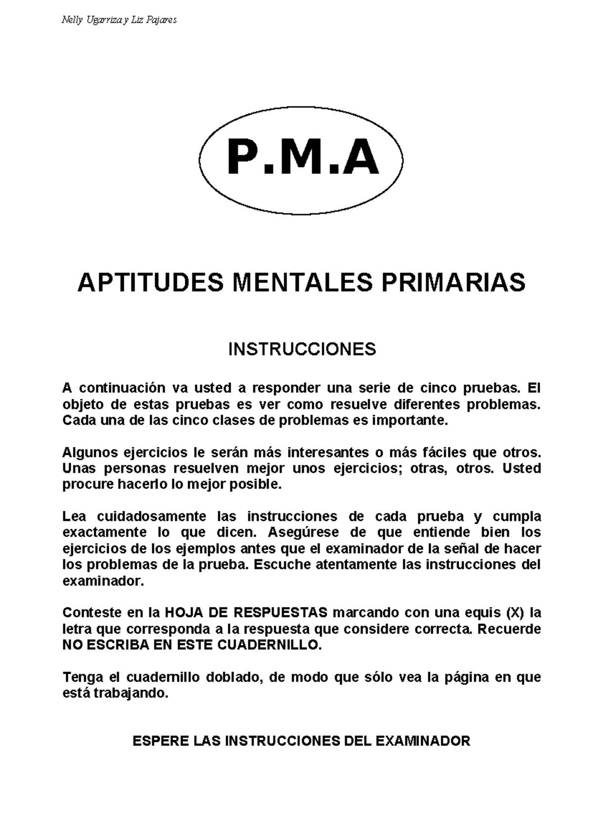 Protocolo DEL PMA - P.M APTITUDES MENTALES PRIMARIAS INSTRUCCIONES A ...