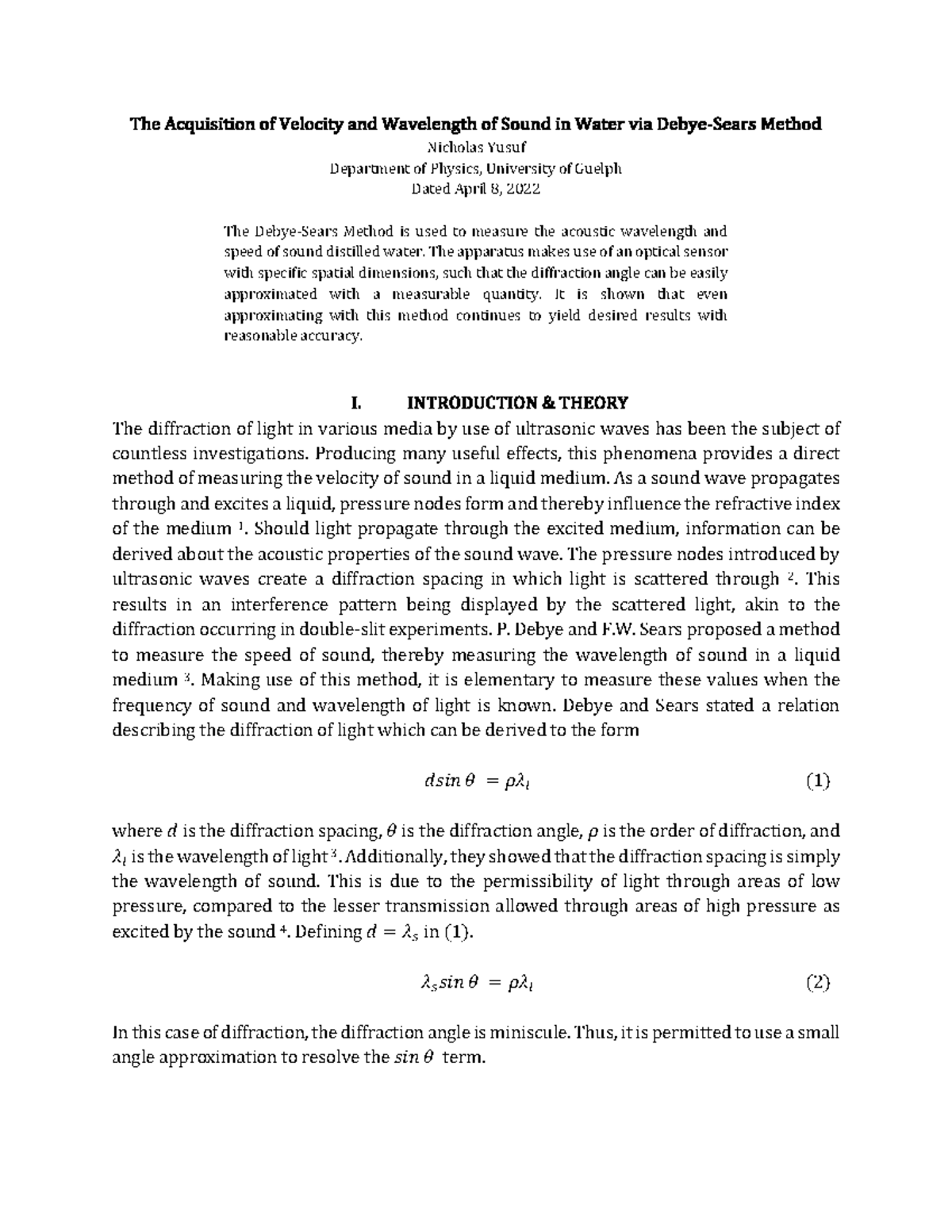 The Acquisition of Velocity and Wavelength of Sound in Water via Debye ...