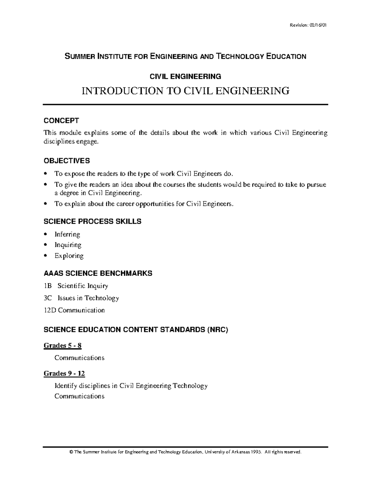 Cveg 0in - Lecture notes 1-7 - Revision: 02/16/ SUMMER INSTITUTE FOR ...