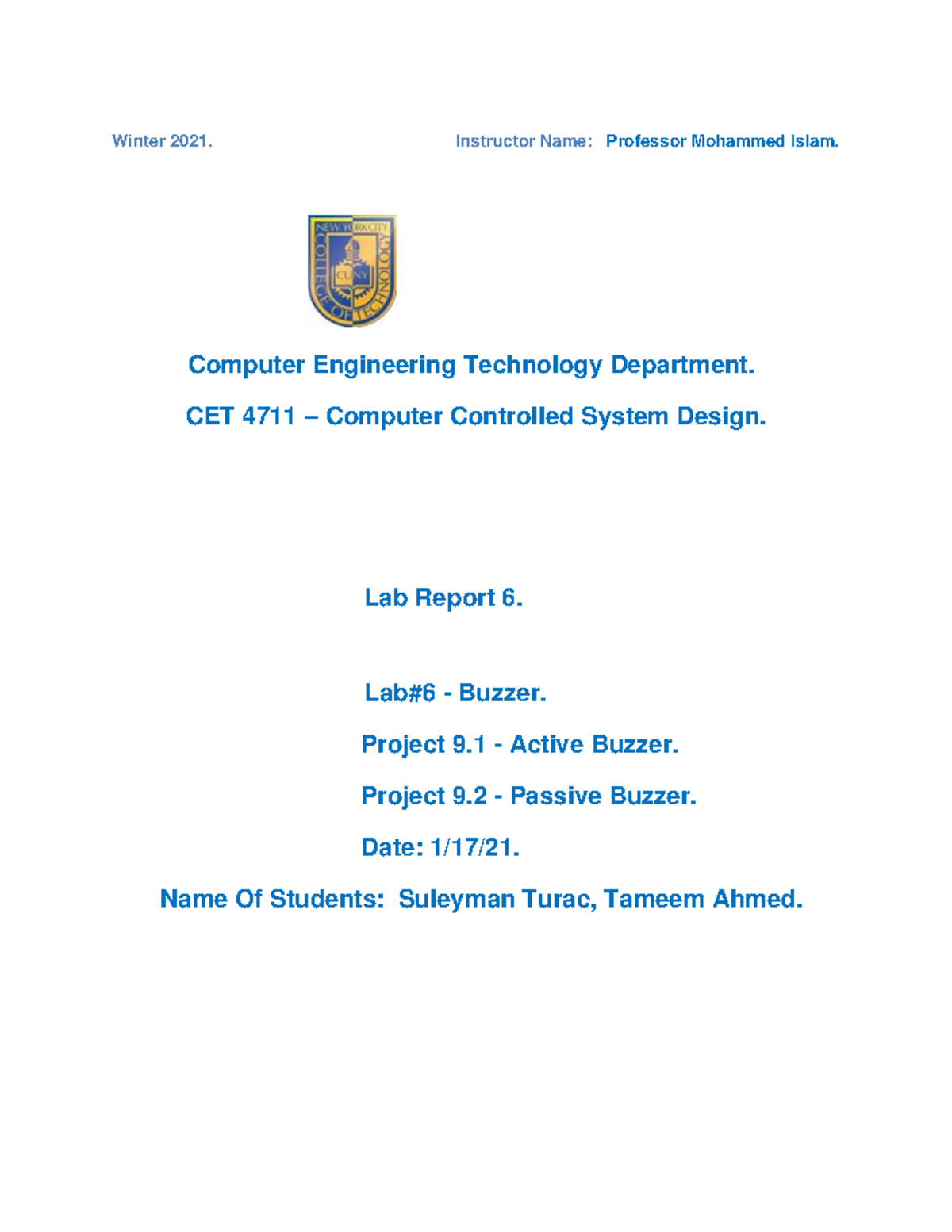 CET 4711 Lab 6 Report - Winter 2021. Instructor Name: Professor ...