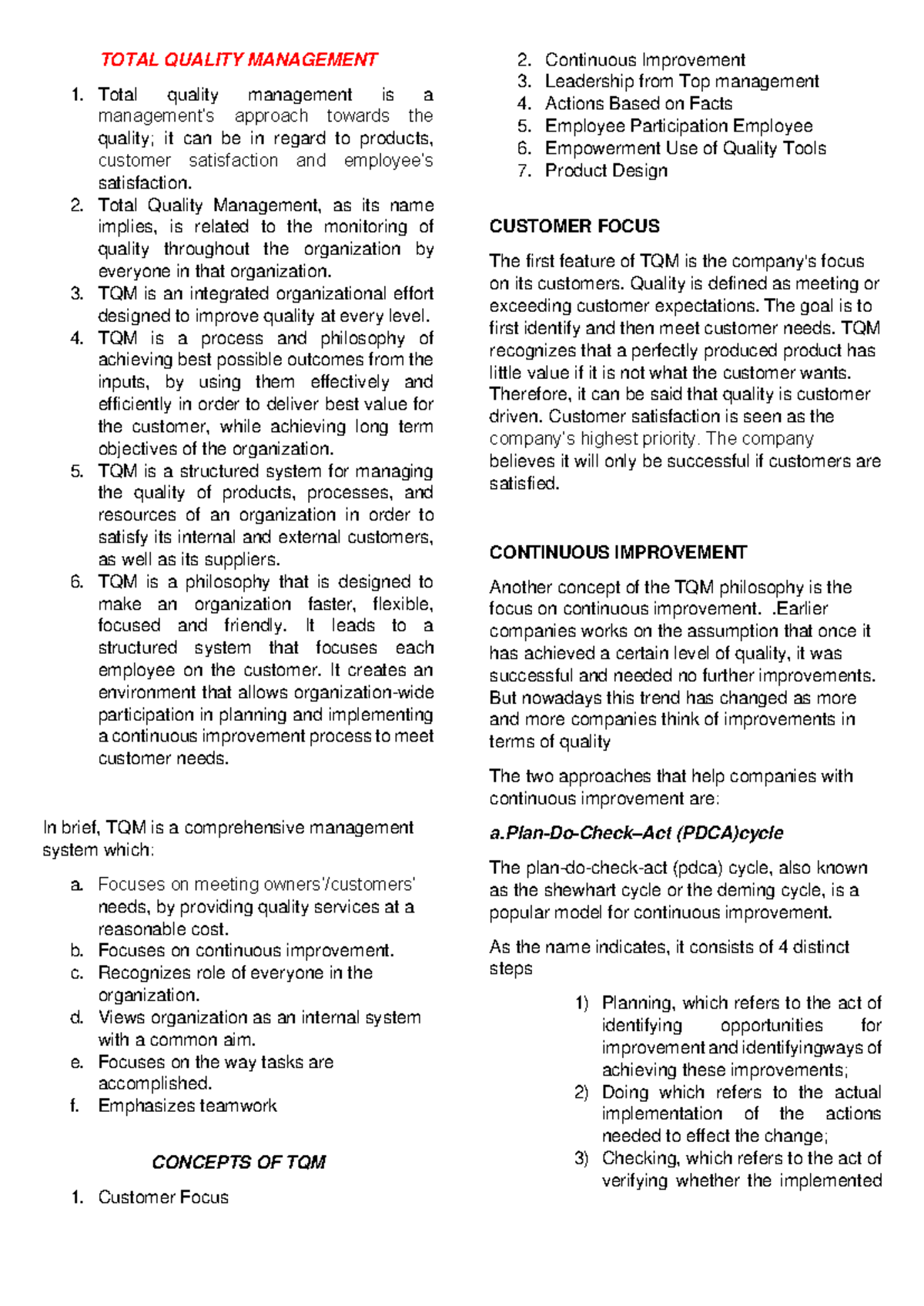 Operations Management - TOTAL QUALITY MANAGEMENT 1. Total quality ...