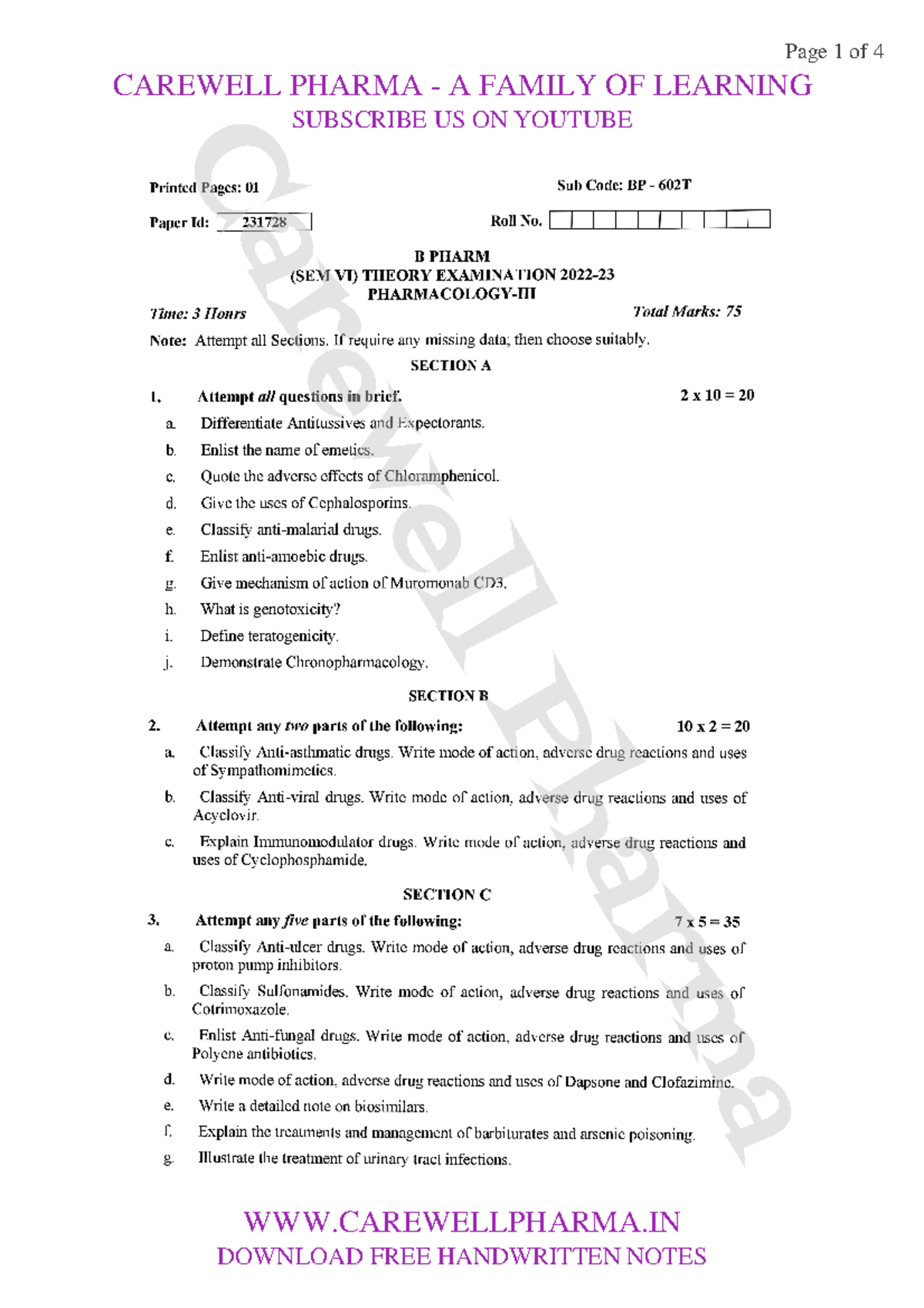 Pharmacology 3, 6th Sem, AKTU Previous Year Question Paper, Carewell ...