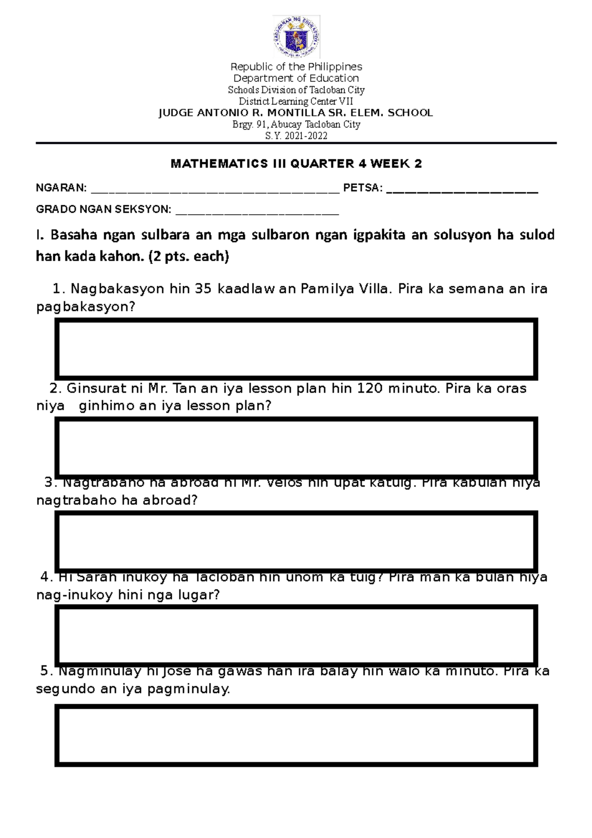 MATH LAS Q4 W2 - modules - Republic of the Philippines Department of Education Schools Division ...