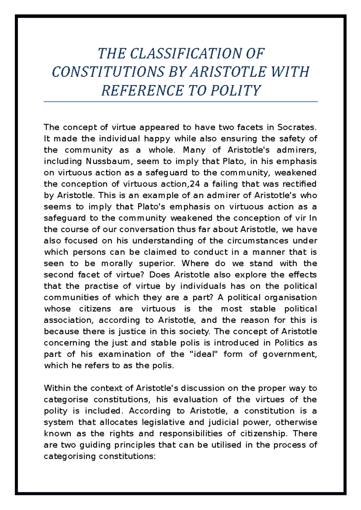 THE Classification OF Constitutions BY Aristotle WITH Reference TO P ...