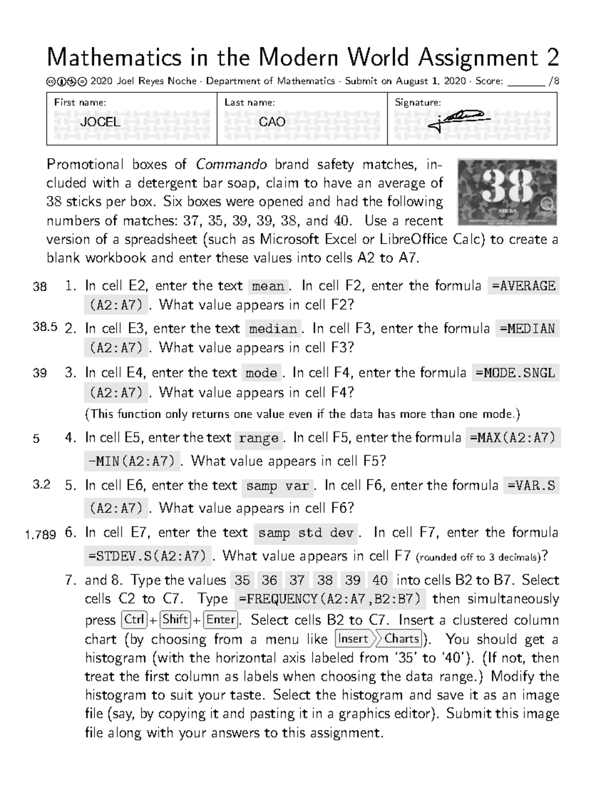 MMW-Math-a2 - Math Statistics - Mathematics in the Modern World Assignment 2 c bn d 2020 Joel ...