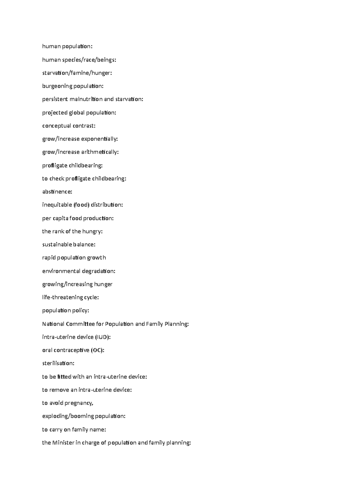 List từ Unit 1 + 2 - human population: human species/race/beings ...