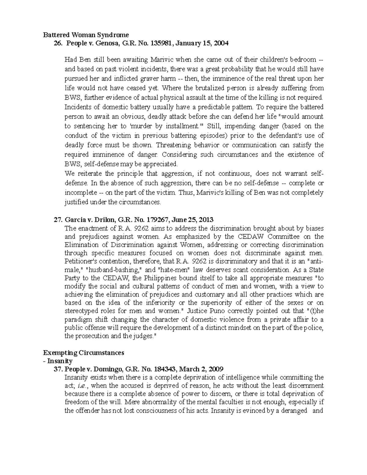 Battered Woman Syndrome - People v. Genosa, G. No. 135981, January 15 ...