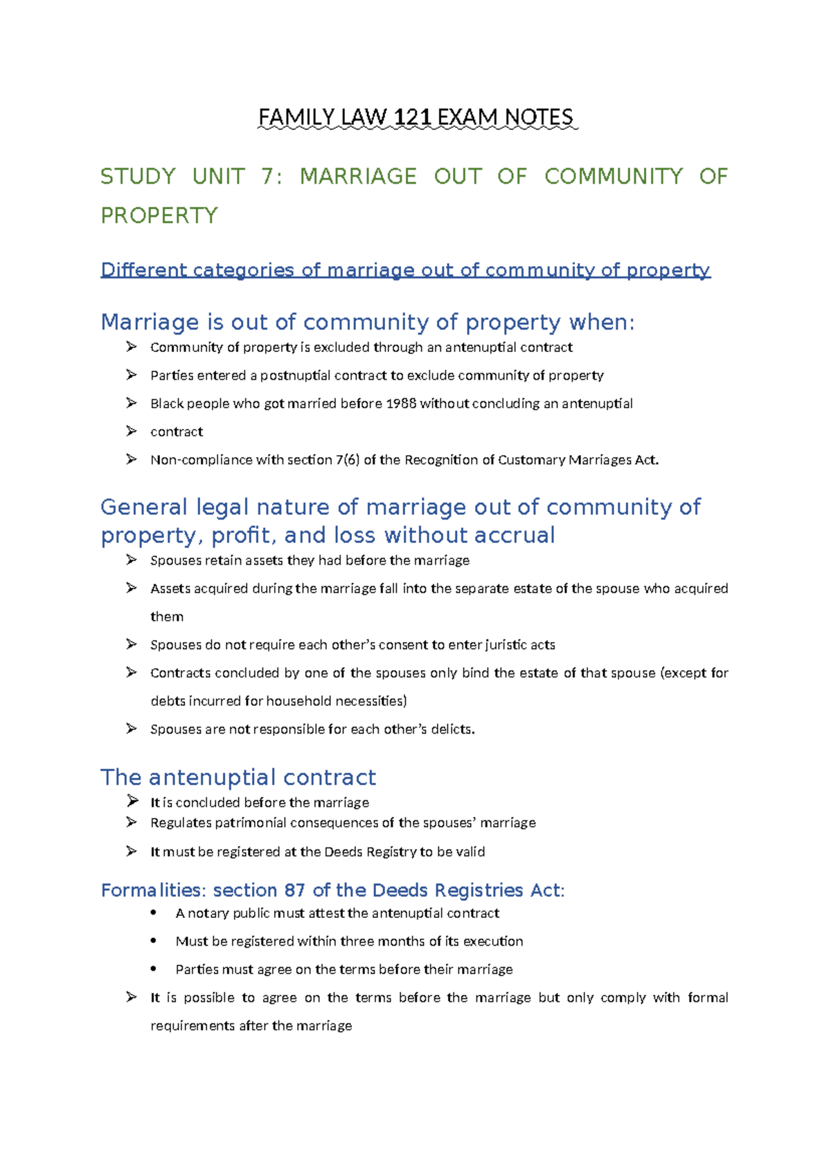 FAM EXAM Notes - FAMILY LAW 121 EXAM NOTES STUDY UNIT 7: MARRIAGE OUT ...
