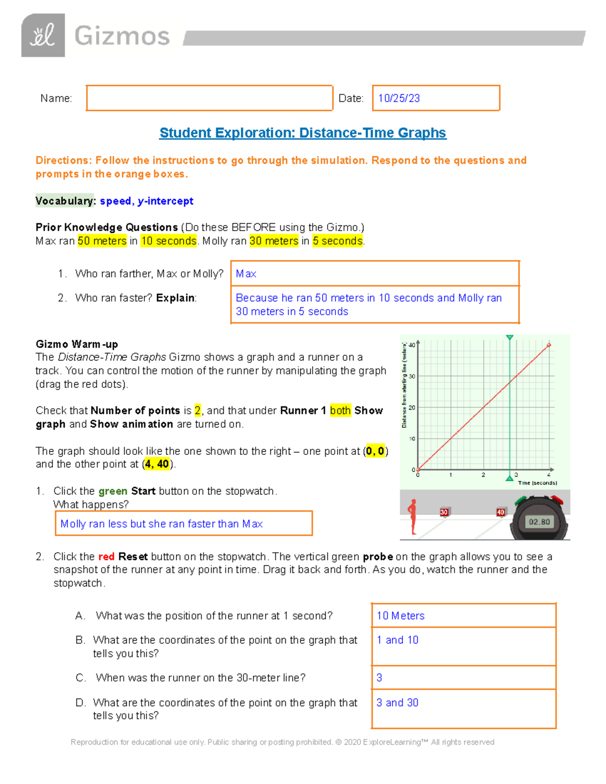 X 11 Distance Time SEm - Name: Date: 10/25/ Student Exploration ...