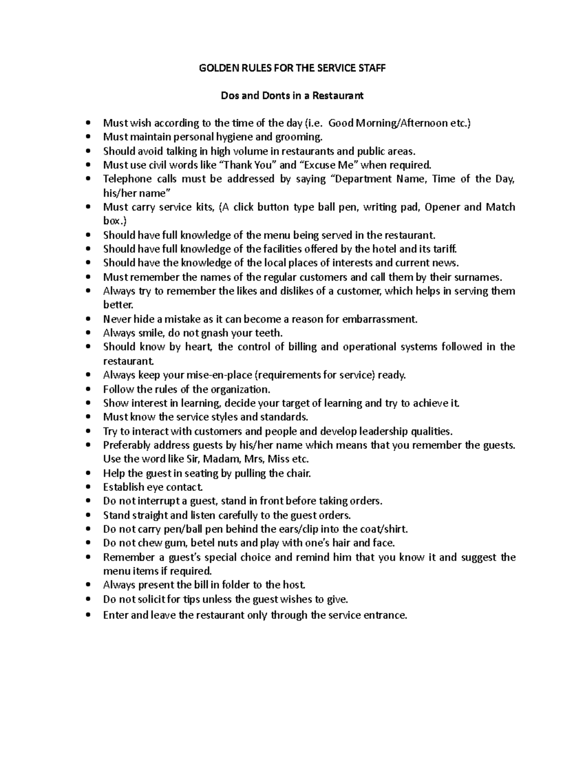 Dos and Donts in a restaurant - GOLDEN RULES FOR THE SERVICE STAFF Dos ...