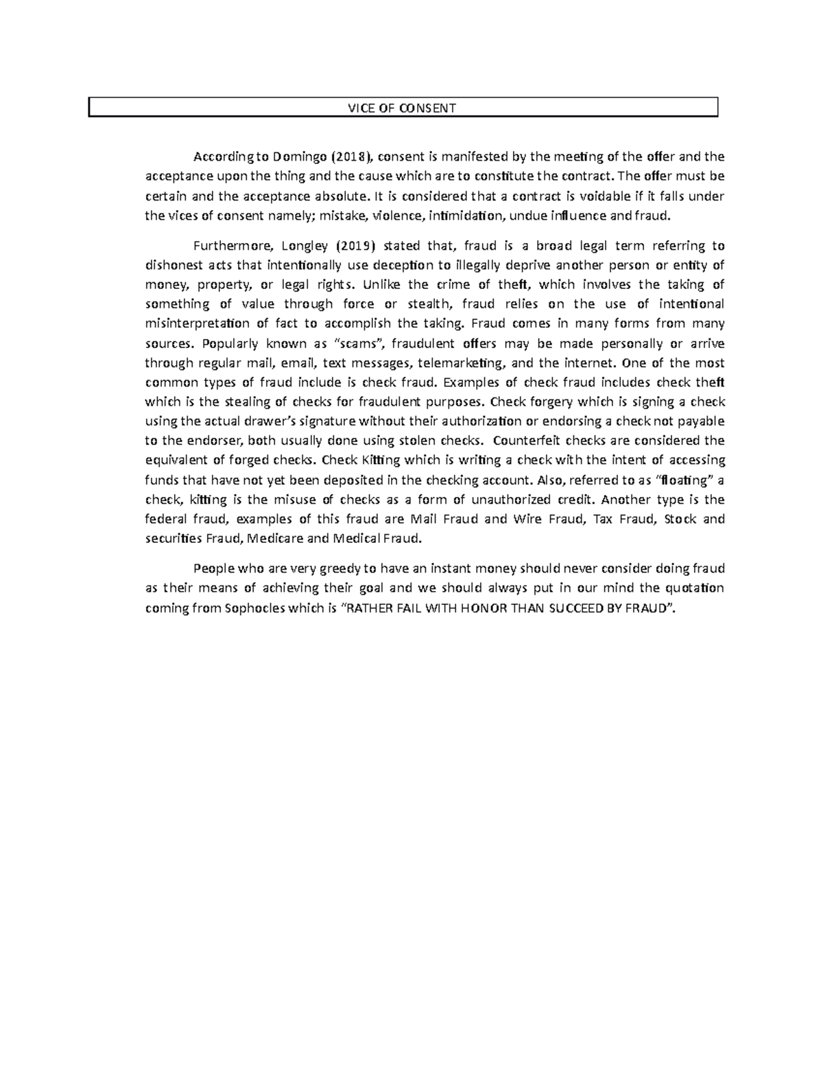 Vice of concept - essay - VICE OF CONSENT According to Domingo (2018 ...