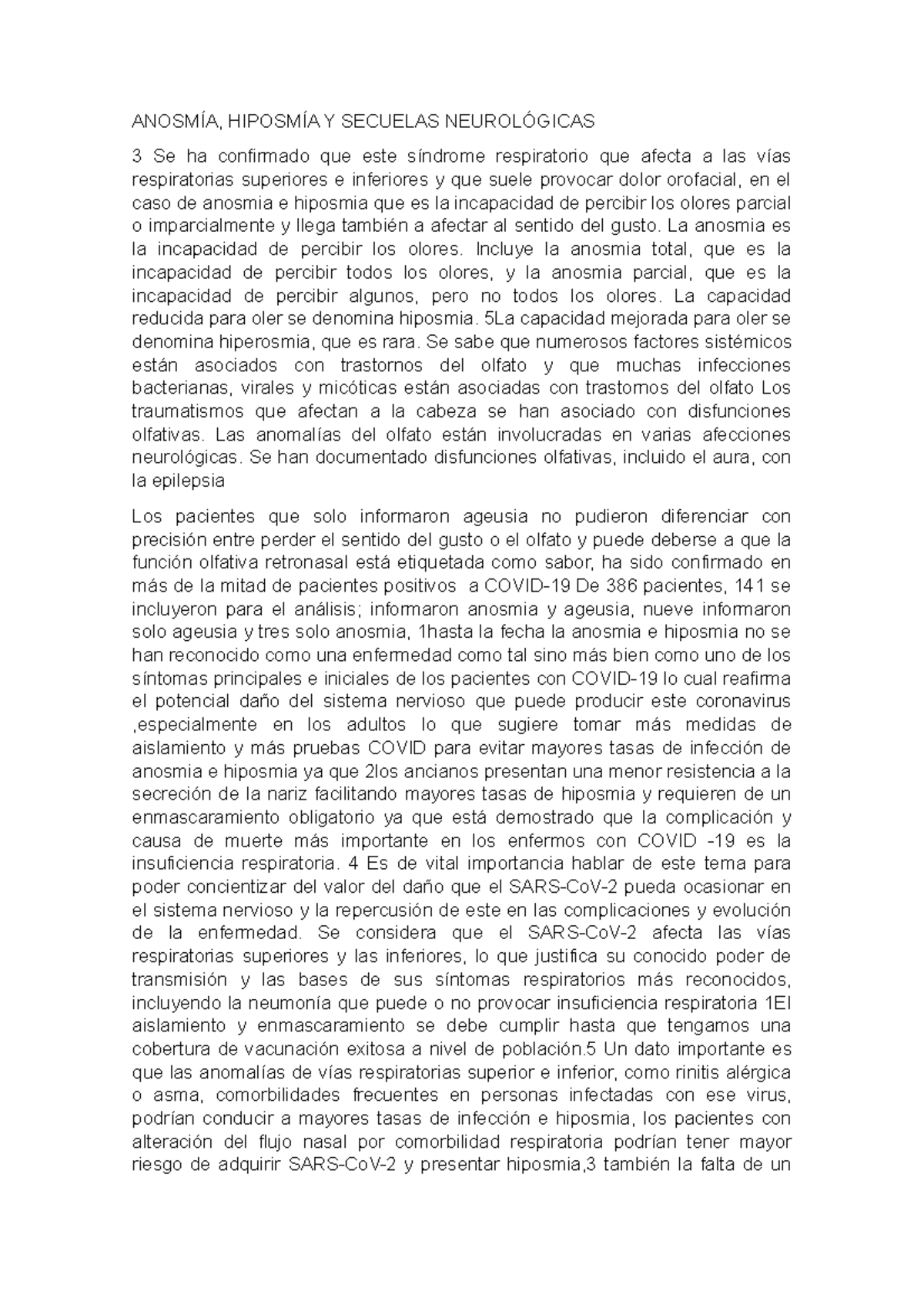 Anosmía - Apuntes - ANOSMÍA, HIPOSMÍA Y SECUELAS NEUROLÓGICAS 3 Se ha ...