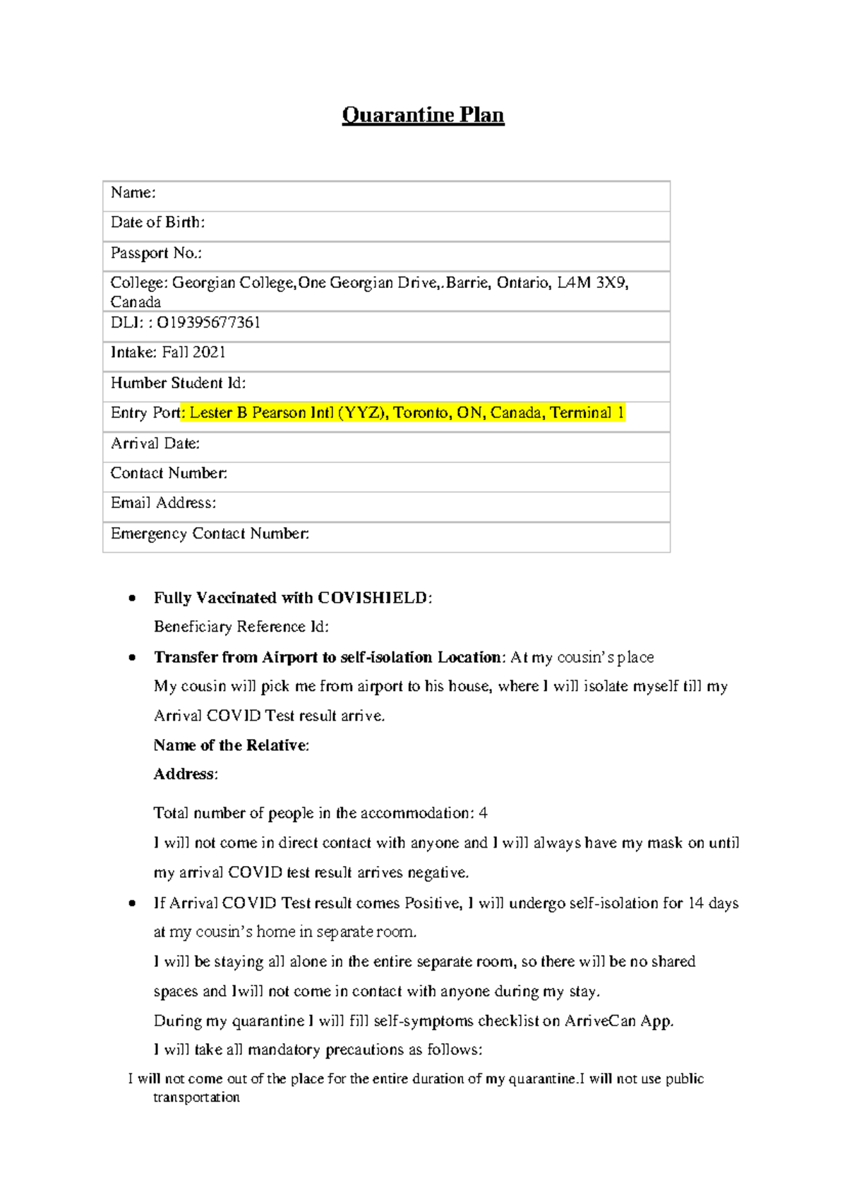 Final Quarantine Plan - Lecture notes 1 - Quarantine Plan Name: Date of ...