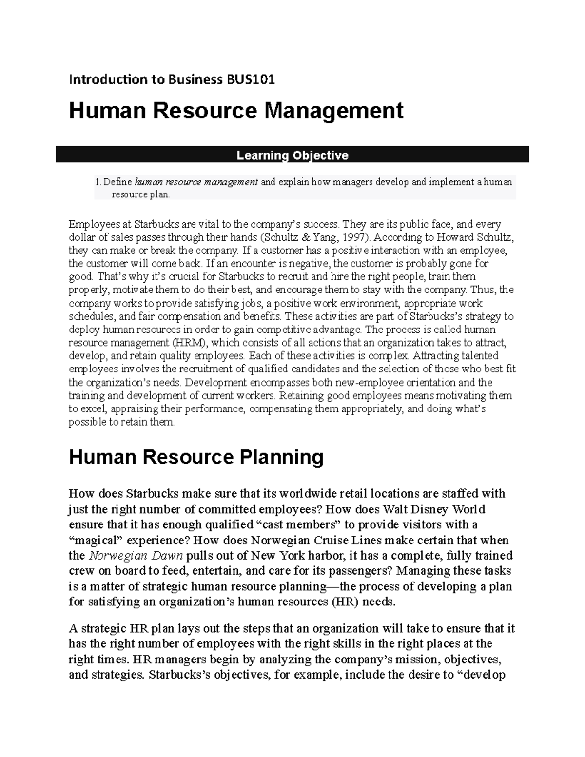 Introduction to Business BUS101 Human Resource Management ...