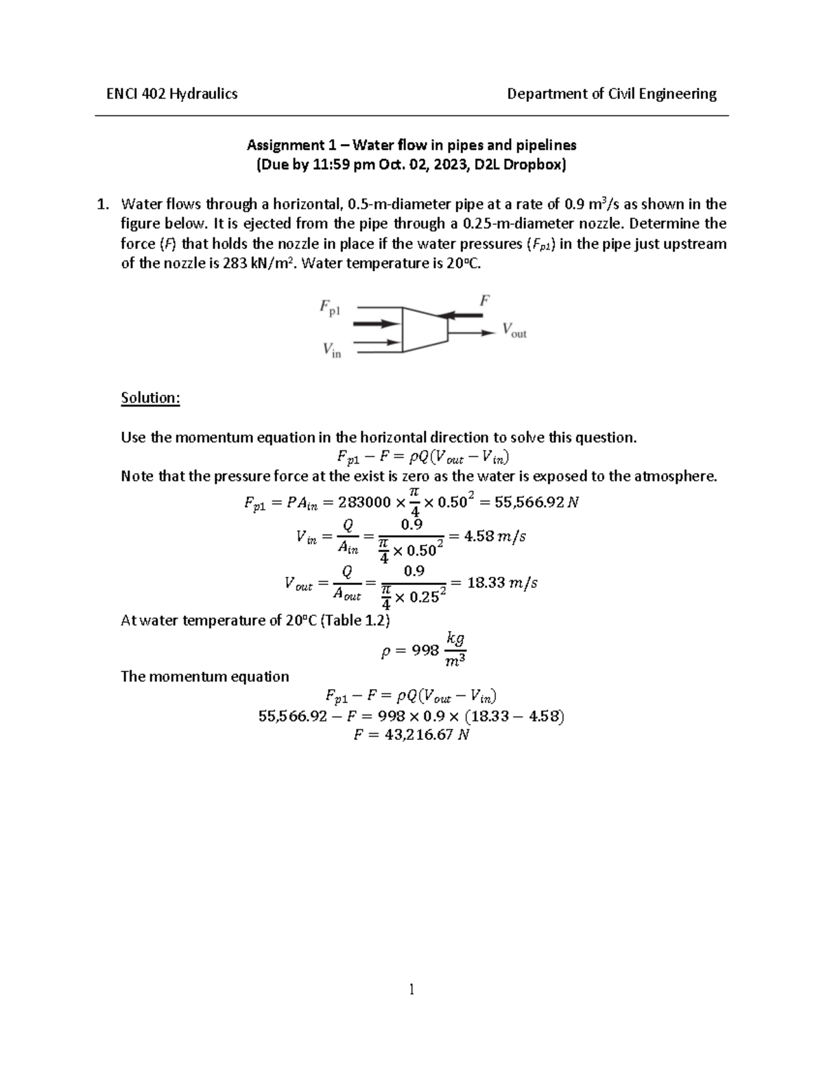 Assignment 1 Waterflowinpipesandpipelines-solution - Assignment 1 – Water flow in pipes and ...