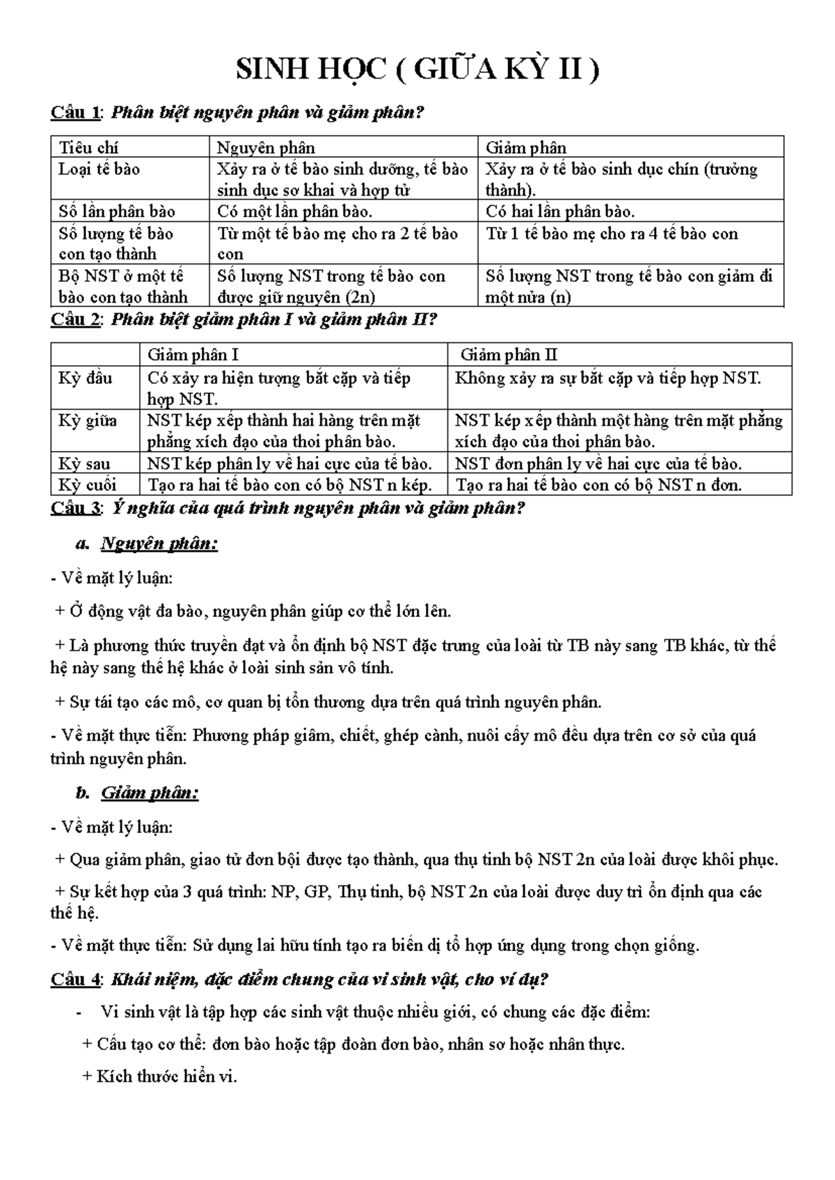 SINH HỌC giữa kì 2 - long - SINH HỌC ( GIỮA KỲ II ) Câu 1: Phân biệt ...