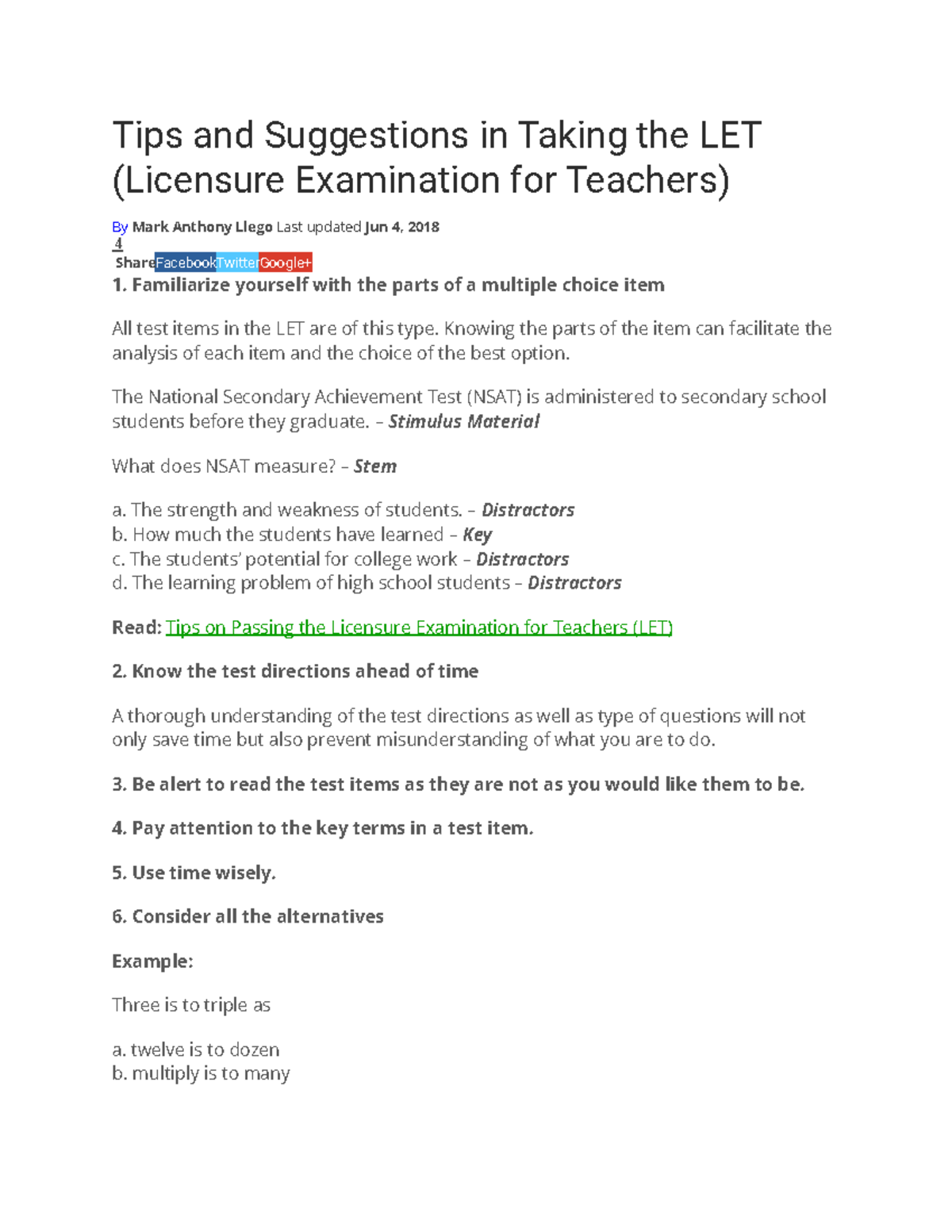 Tips and Suggestions in Taking the LET - Tips and Suggestions in Taking ...