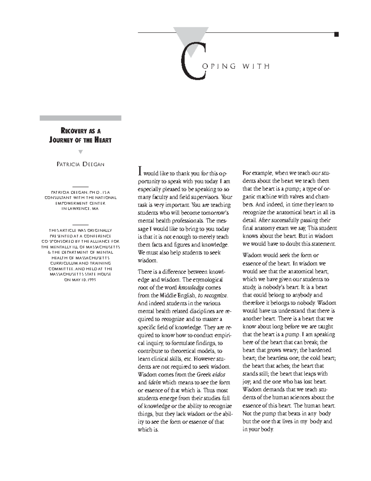 Deegan 1996 Recovery Journey of the Heart 1 - RECOVERY AS A JOURNEY OF ...