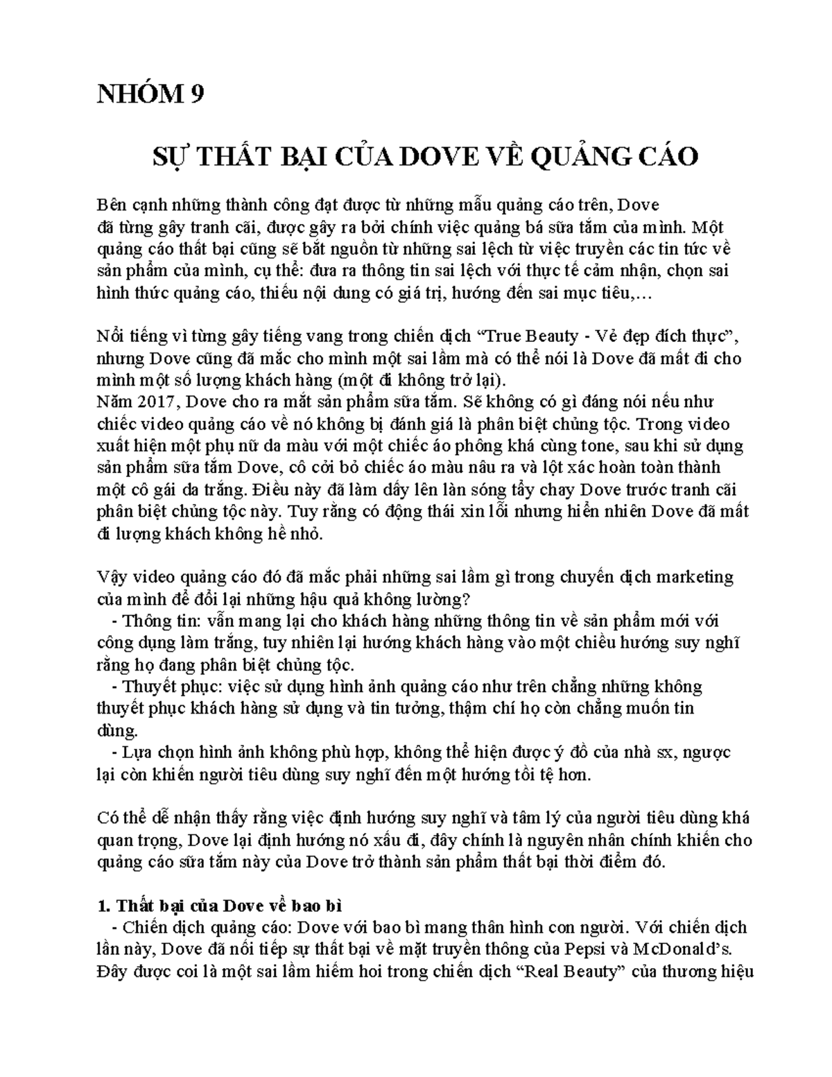 Dove - xdfh - NHÓM 9 SỰ THẤT BẠI CỦA DOVE VỀ QUẢNG CÁO Bên cạnh những ...