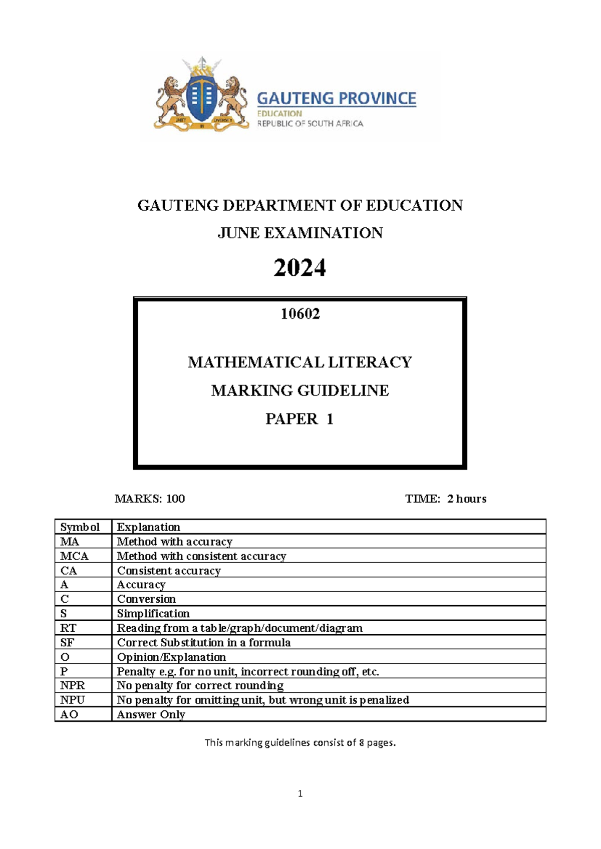 Official Marking Guideline Mathematical Lit Paper 1 Eng - GAUTENG ...