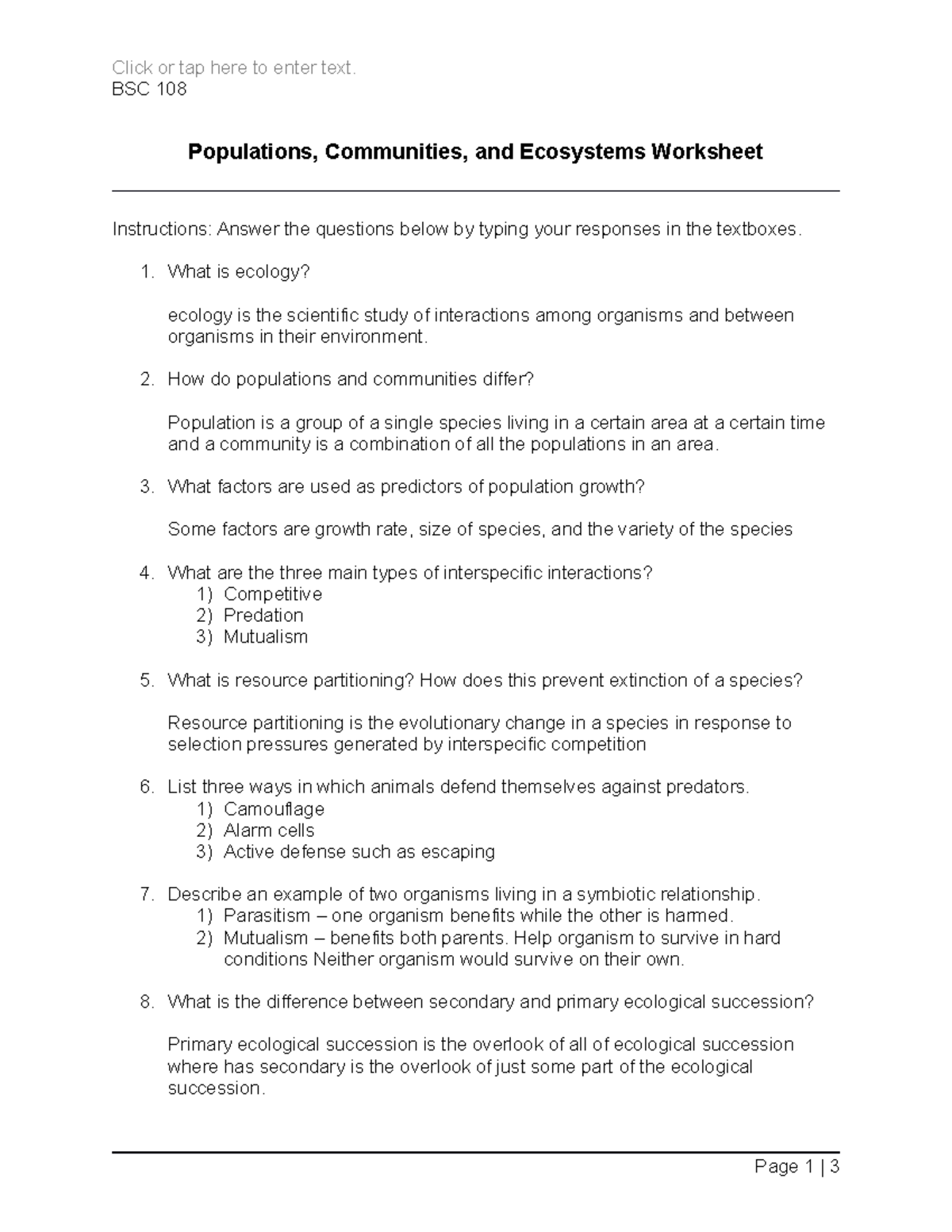 BSC 108 Populations Communities and Ecosystems Worksheet - Studocu