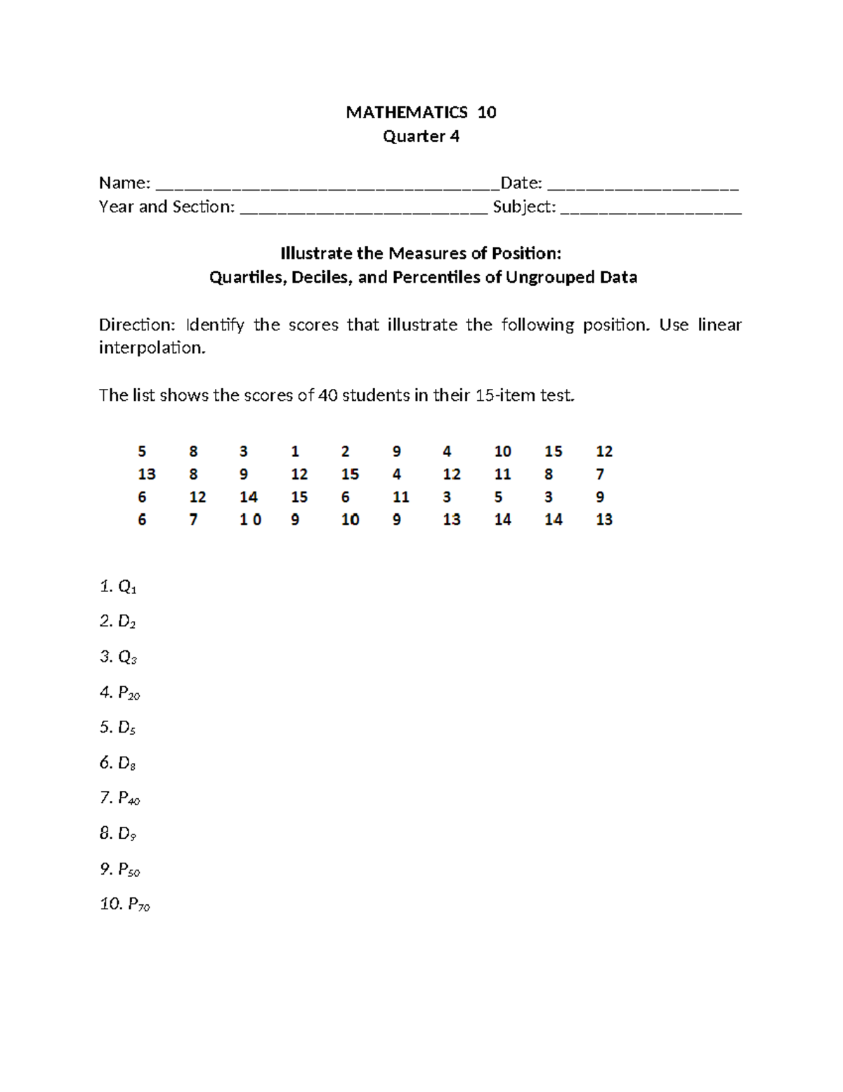 Mathematics 10-Activity - MATHEMATICS 10 Quarter 4 Name ...