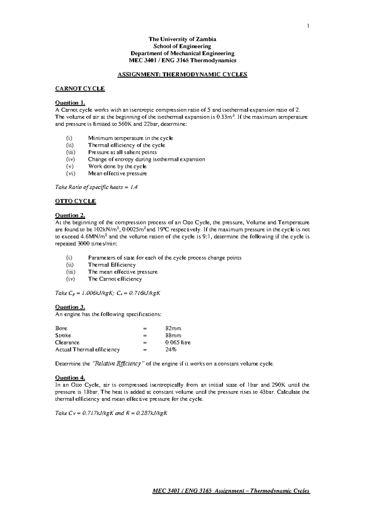 Assignemnt Thermodynamic Cycles - MEC 3401 / ENG 3165 Assignment ...