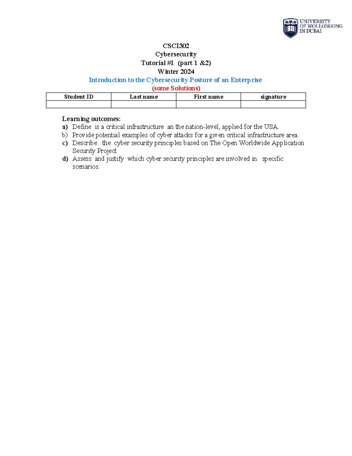 CSIT302 win 24 lab#1 some solutions v22 - CSCI Cybersecurity Tutorial #1 (part 1 &2) Winter 2024 ...