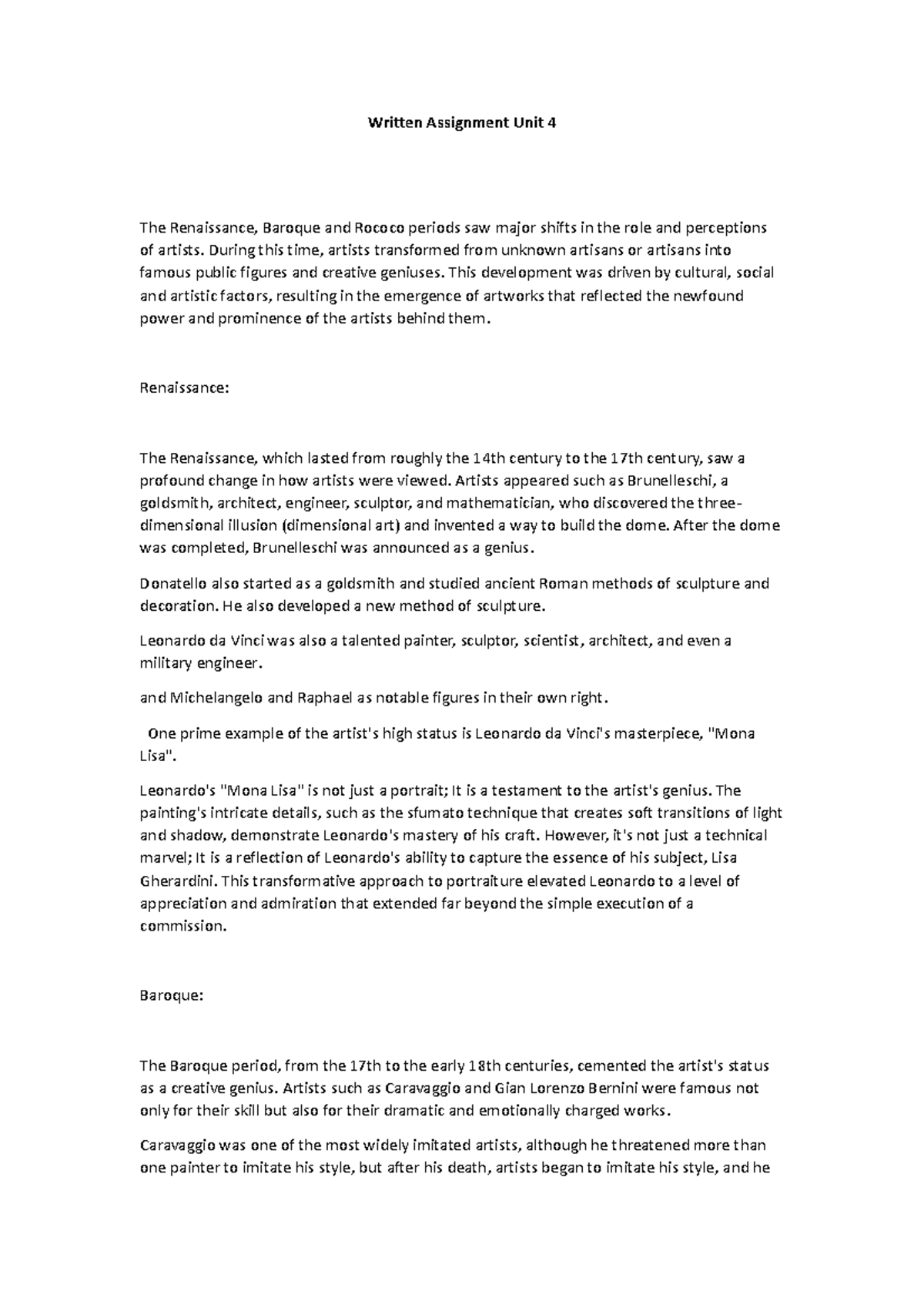 Written Assignment Unit 4 Art History - Written Assignment Unit 4 The ...