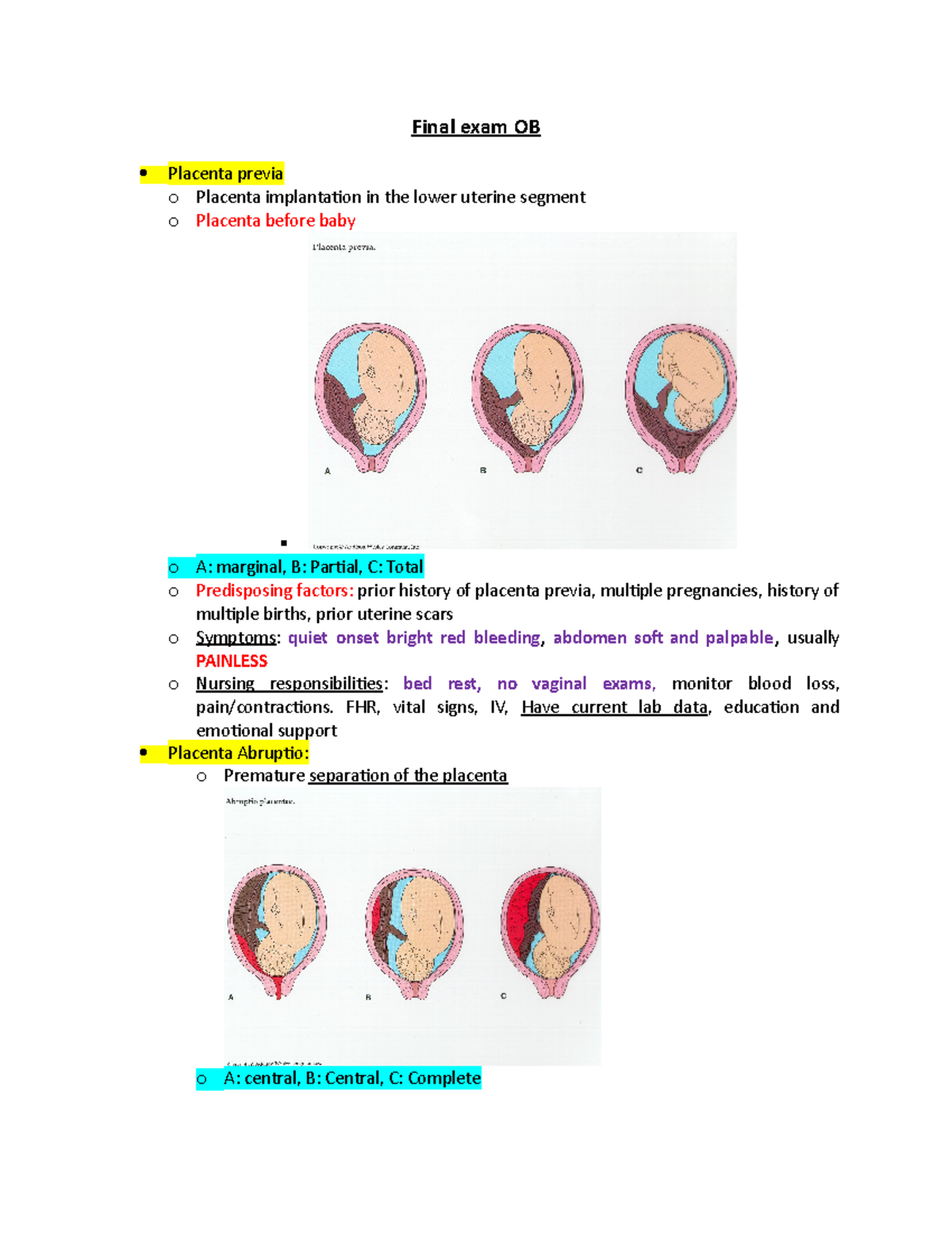 Final exam OB - exam ob - Final exam OB Placenta previa o Placenta ...