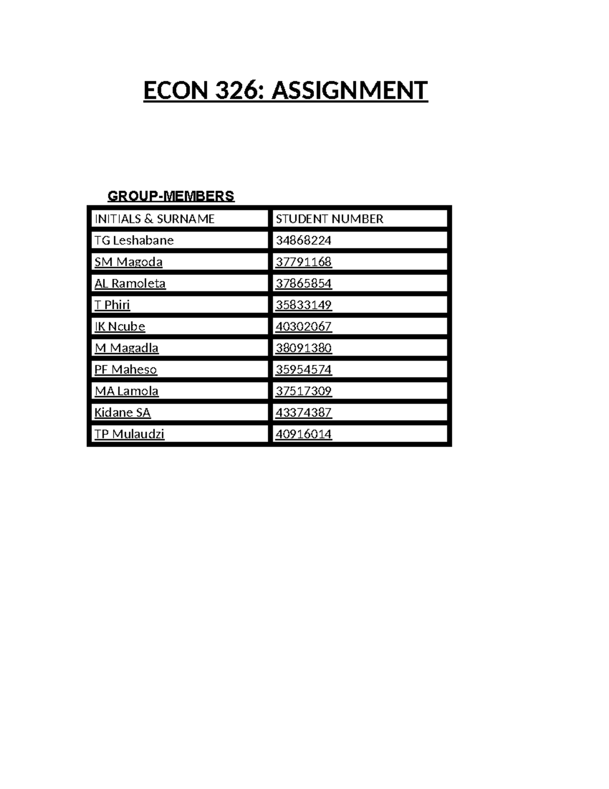ECON 326, Assignment Final Draft - ECON 326: ASSIGNMENT GROUP-MEMBERS ...
