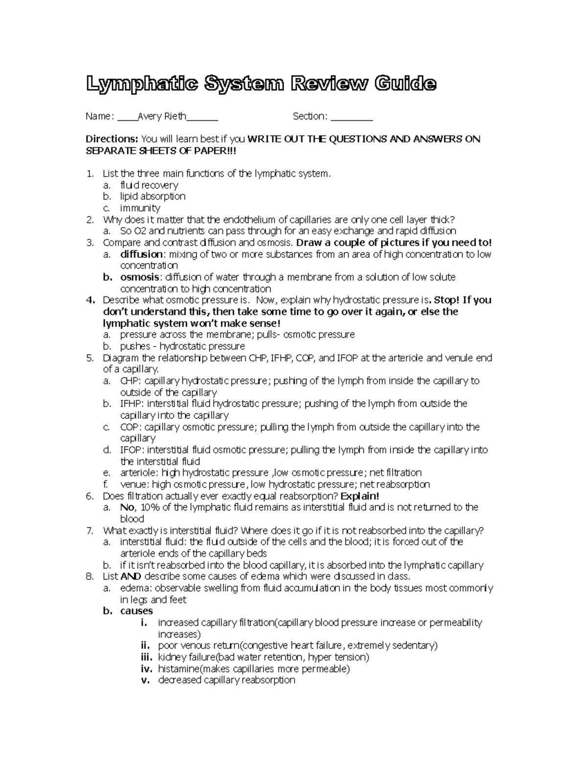 Lymphatic System Review Guide - Name: Avery Rieth__ Section ...