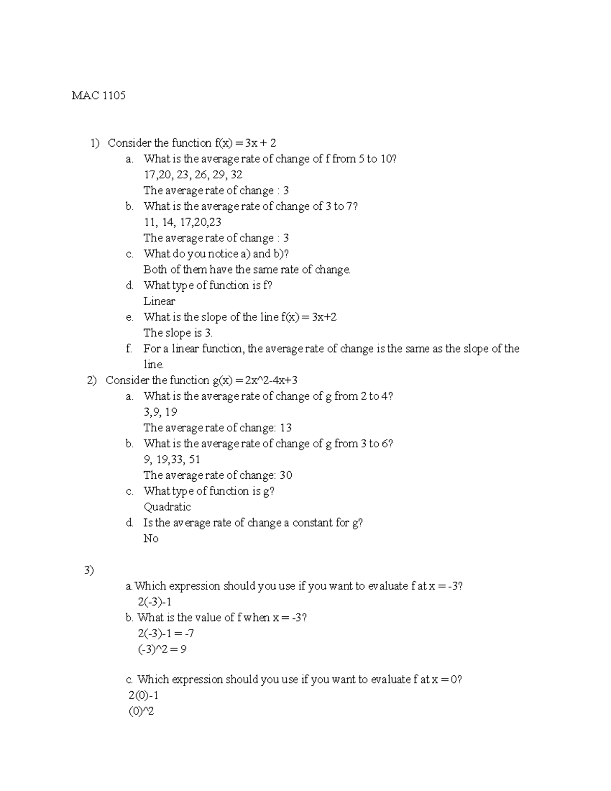 MAC1105 - Assignment about domain and range. - MAC 1105 Consider the function f(x) = 3x + 2 a ...