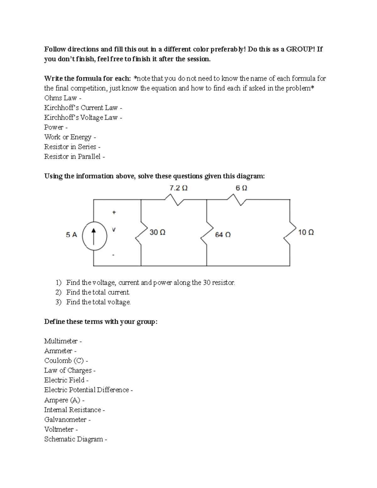 Circuit Lab Worksheet - Follow directions and fill this out in a ...