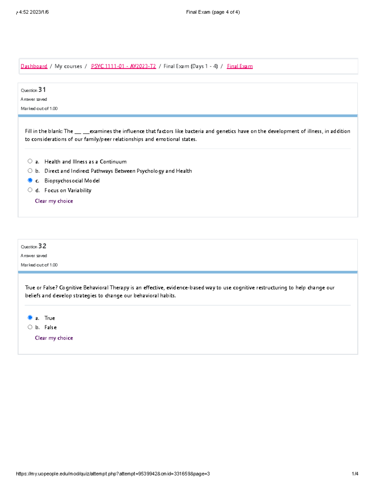 Final Exam (page 4 of 4) - Question 31 Answer saved Marked out of 1. Question 32 Answer saved ...