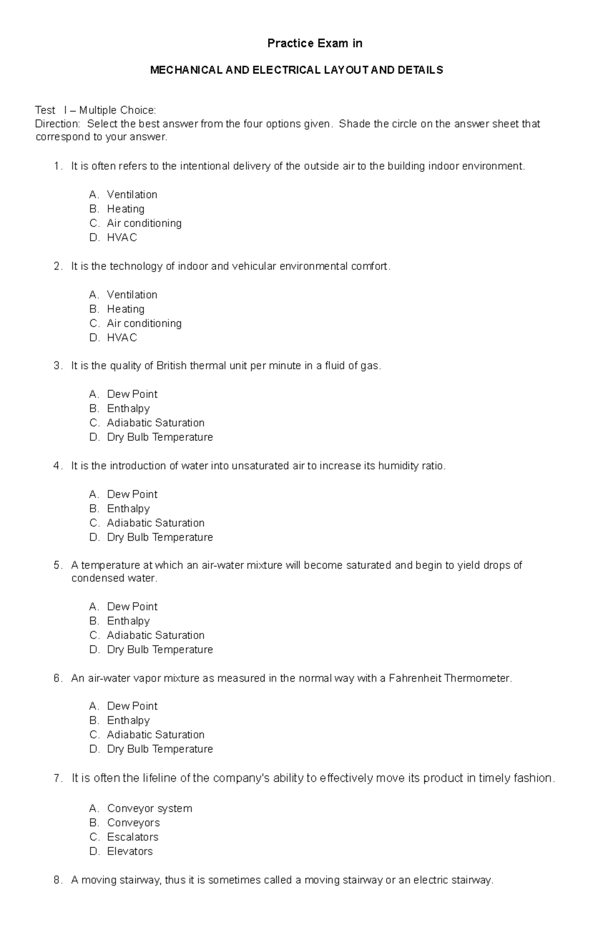 Practice Exam in Mechanical AND Electrical Layout AND Details ...