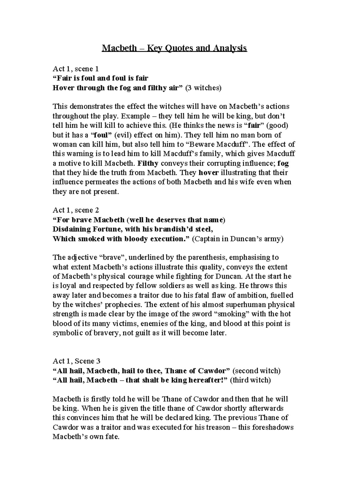 Macbeth Key Quotes and Analysis - Macbeth – Key Quotes and Analysis Act ...