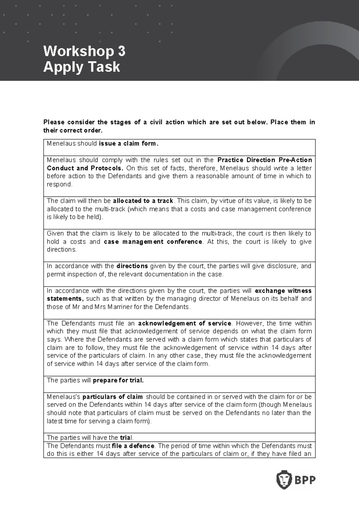 Stages of a civil action - Place them in their correct order. Menelaus ...