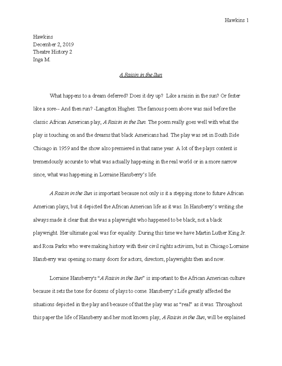 A Raisin in the Sun Lorraine Hansberry Final Paper - Hawkins December 2 ...