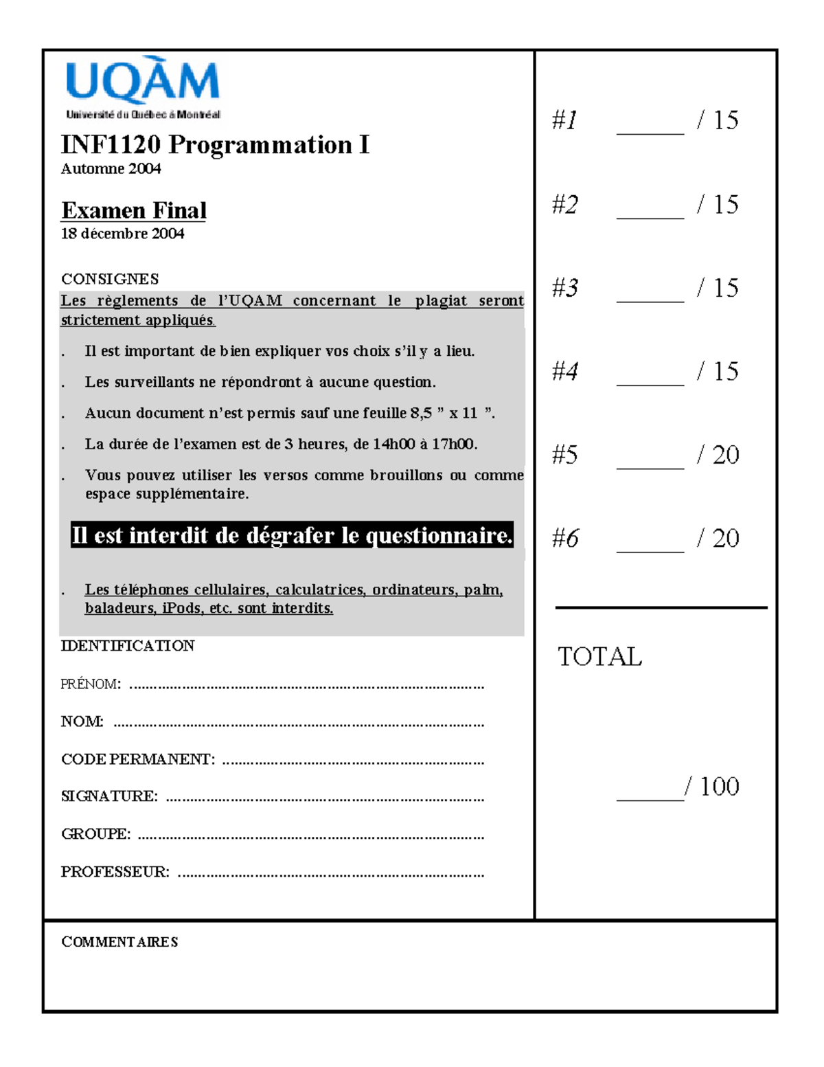Final a04 - INF1120 Programmation I Automne 2004 Examen Final 18 ...