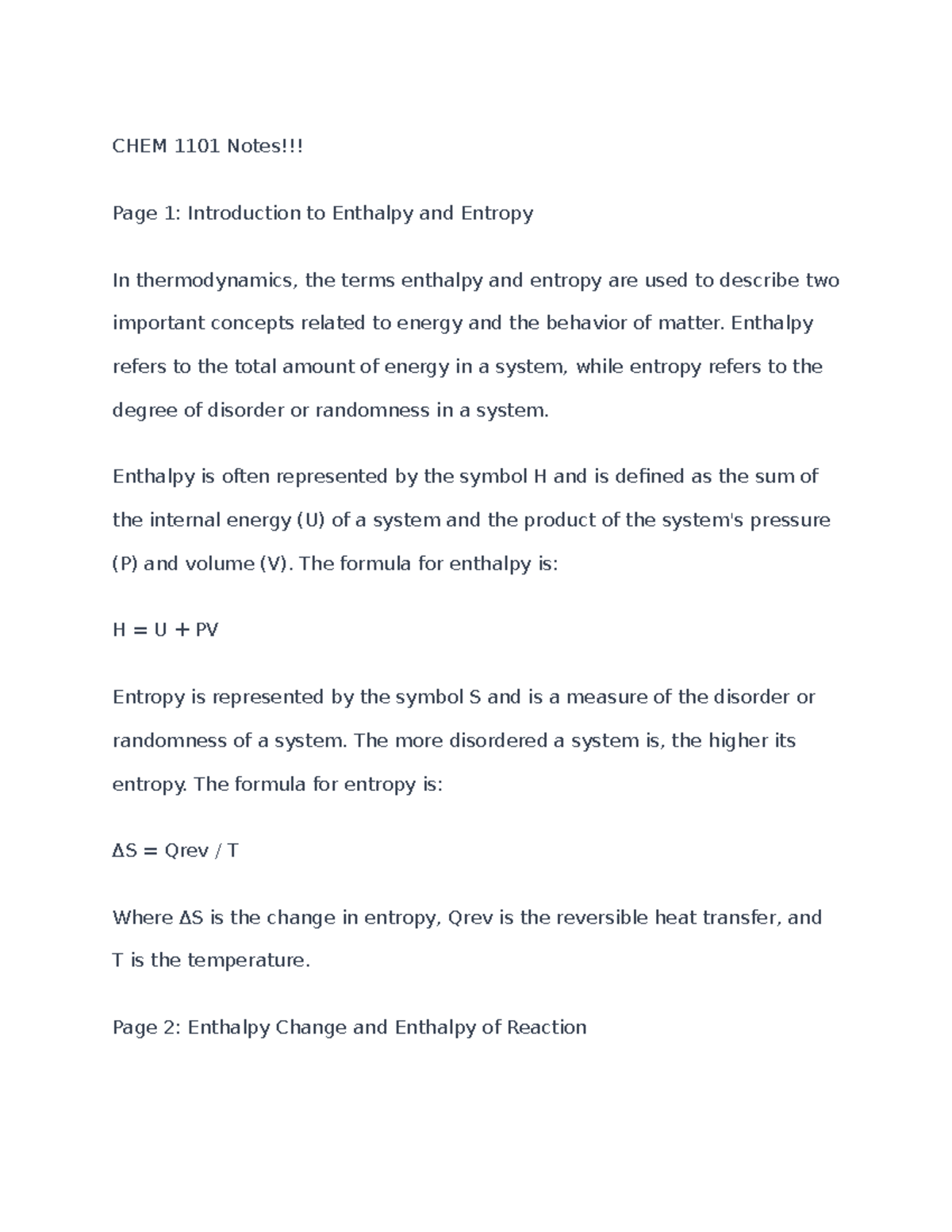 CHEM 1101 Notes - CHEM 1101 Notes!!! Page 1: Introduction to Enthalpy ...