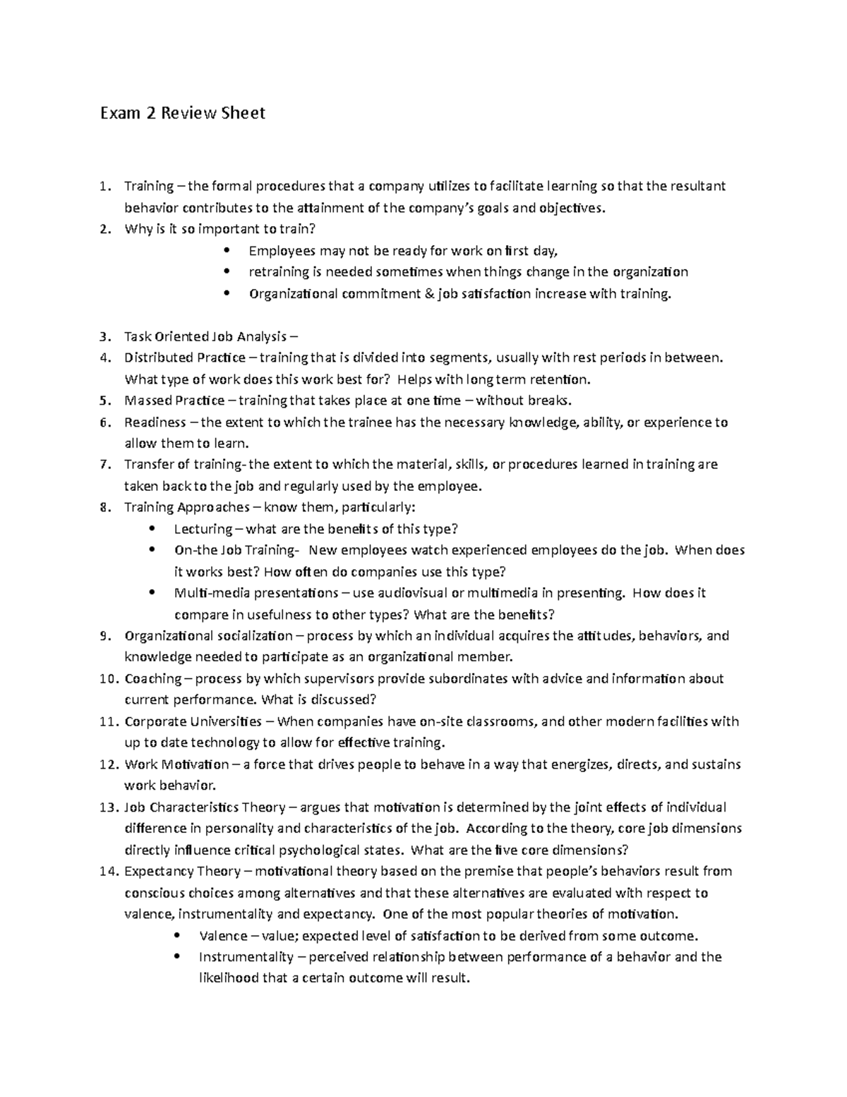 EXAM 2 Review - Exam 2 Review Sheet Training – the formal procedures ...
