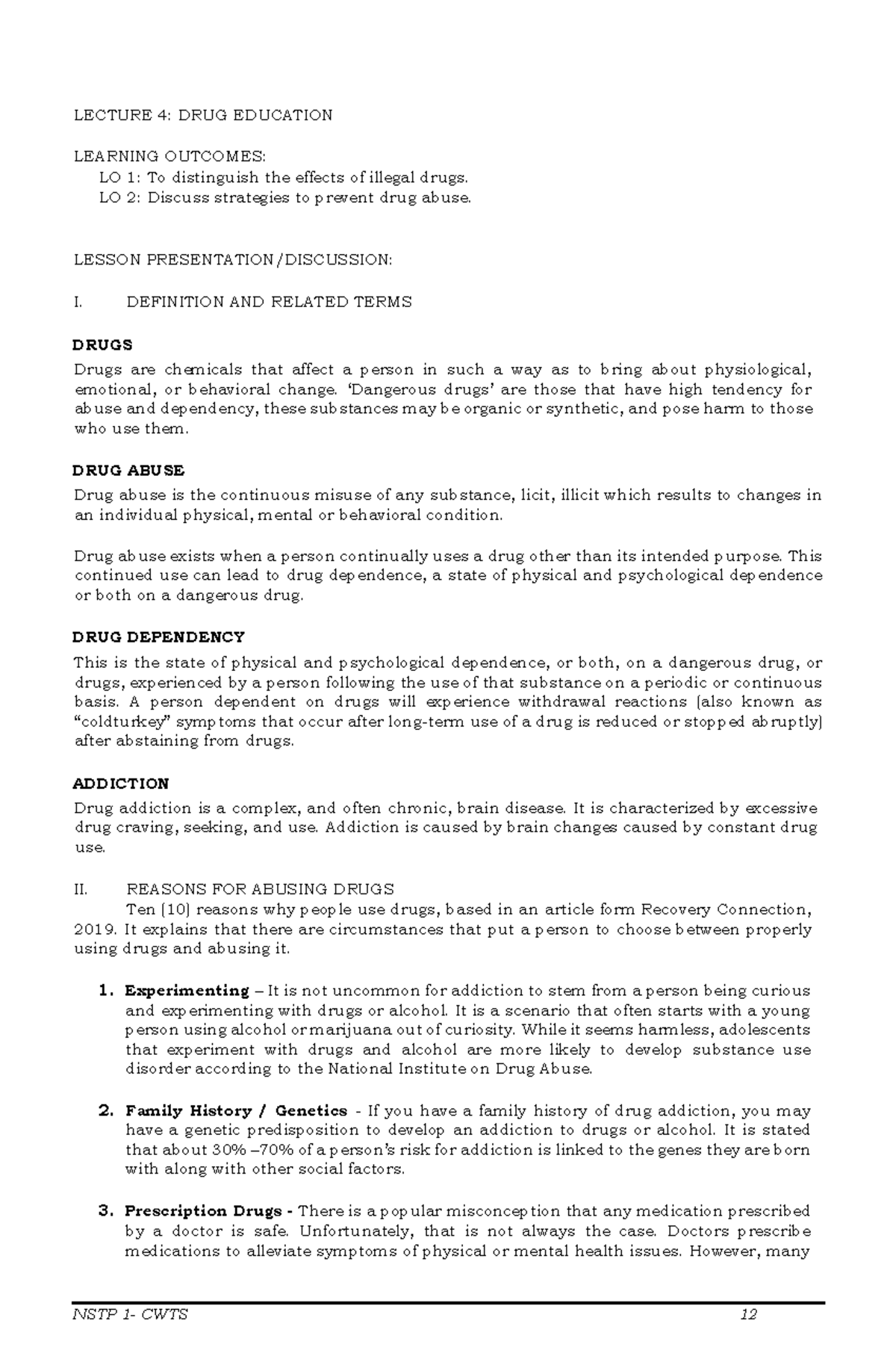 NSTP lecture 4 Drug Addiction - LECTURE 4: DRUG EDUCATION LEARNING ...