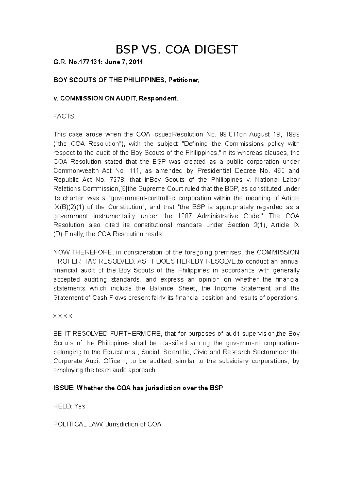 246080718 Boy Scouts of the Phils vs coa GR 177131 June 7 2011 Digest - BSP VS. COA DIGEST G. No ...